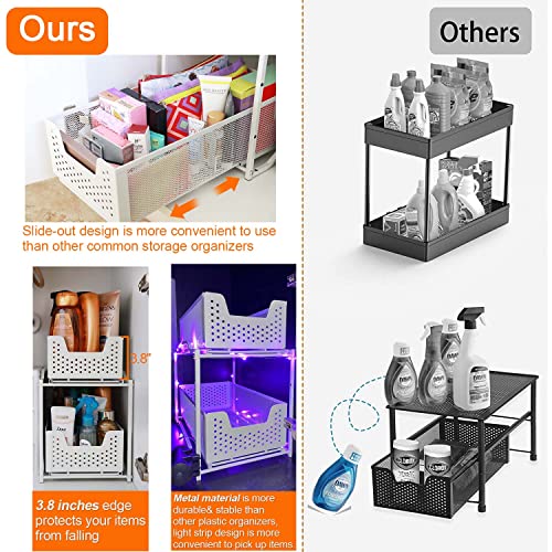 2 Pack Stackable 2-Tier Metal Under Sink Cabinet Organizer with Sliding Storage Drawers with Hooks and LED Strip Lights,White