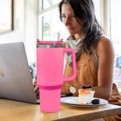 40oz Stainless Steel Tumbler with Handle Lid and Straw Insulated Coffee Mug Water Bottle Tumbler Keeps Hot and Cold Travel Cup (Azalea Red)