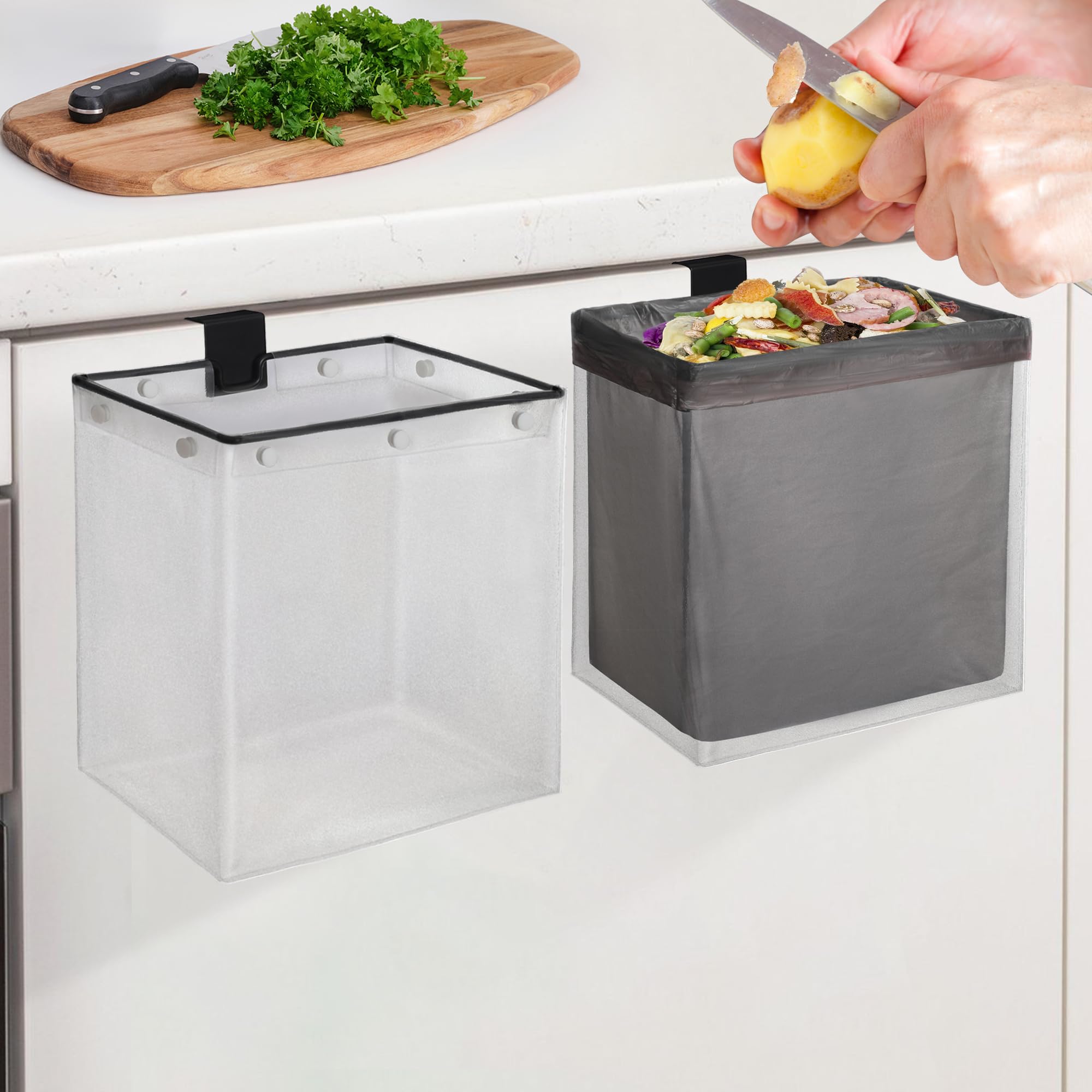 2 Pack Hanging kitchen Trash Can, Small Trash Can Under Sink, Hook and Loop Design Oxford Cloth, Storage Box, 2.4 Gallon Food Waste Bin, Foldable Garbage Can Bag Holder Black for Cabinet Outdoor