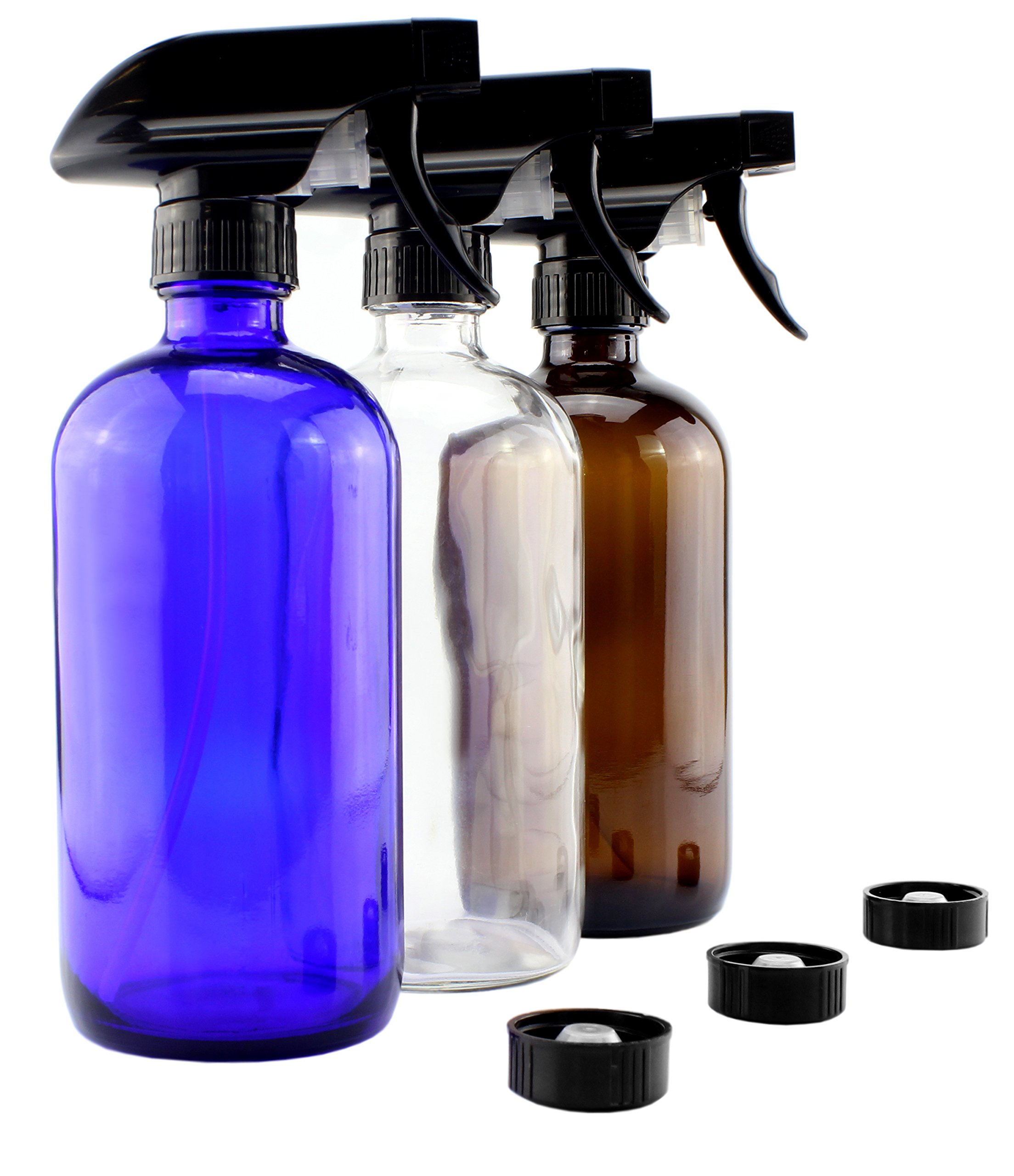 16oz Glass Bottles w/Heavy Duty Sprayers - Three Pack Bundle (1 Cobalt Blue, 1 Amber, 1 Clear); Boston Round; 3-Setting Spray Tops + Black Lids