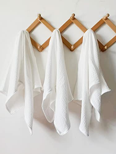 JH-YiSheng Cotton Muslin Pompom Baby Blanket,Summer Bed Sheet,Cotton Bath Towel Baby Receiving Blanket 29.5"x40" (White)