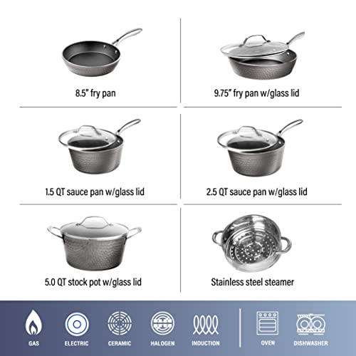 Granitestone Pots and Pans Set with Hammered Design, 10 Piece Complete Nonstick Kitchen Cookware Set, Dishwasher Safe Pots & Pan Set with Induction Cookware & Stay Cool Handles,100% PFOA Free-Platinum