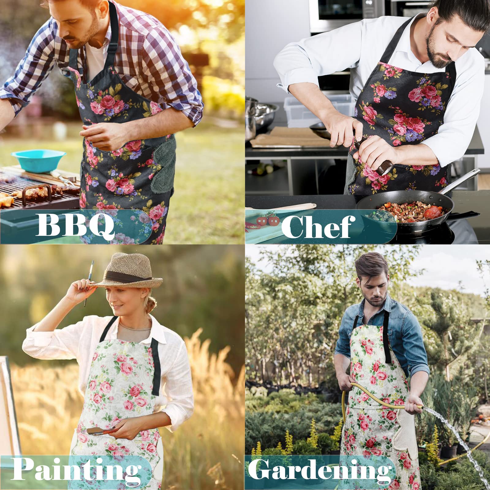 2 Pack Aprons for Women with 3 Pockets, Adjustable Waterproof Kitchen Bib Apron with 2 Towels for Chef Servers Grilling Cooking Baking, Plus Size Rose Flowers Aprons for BBQ Painting Gardening