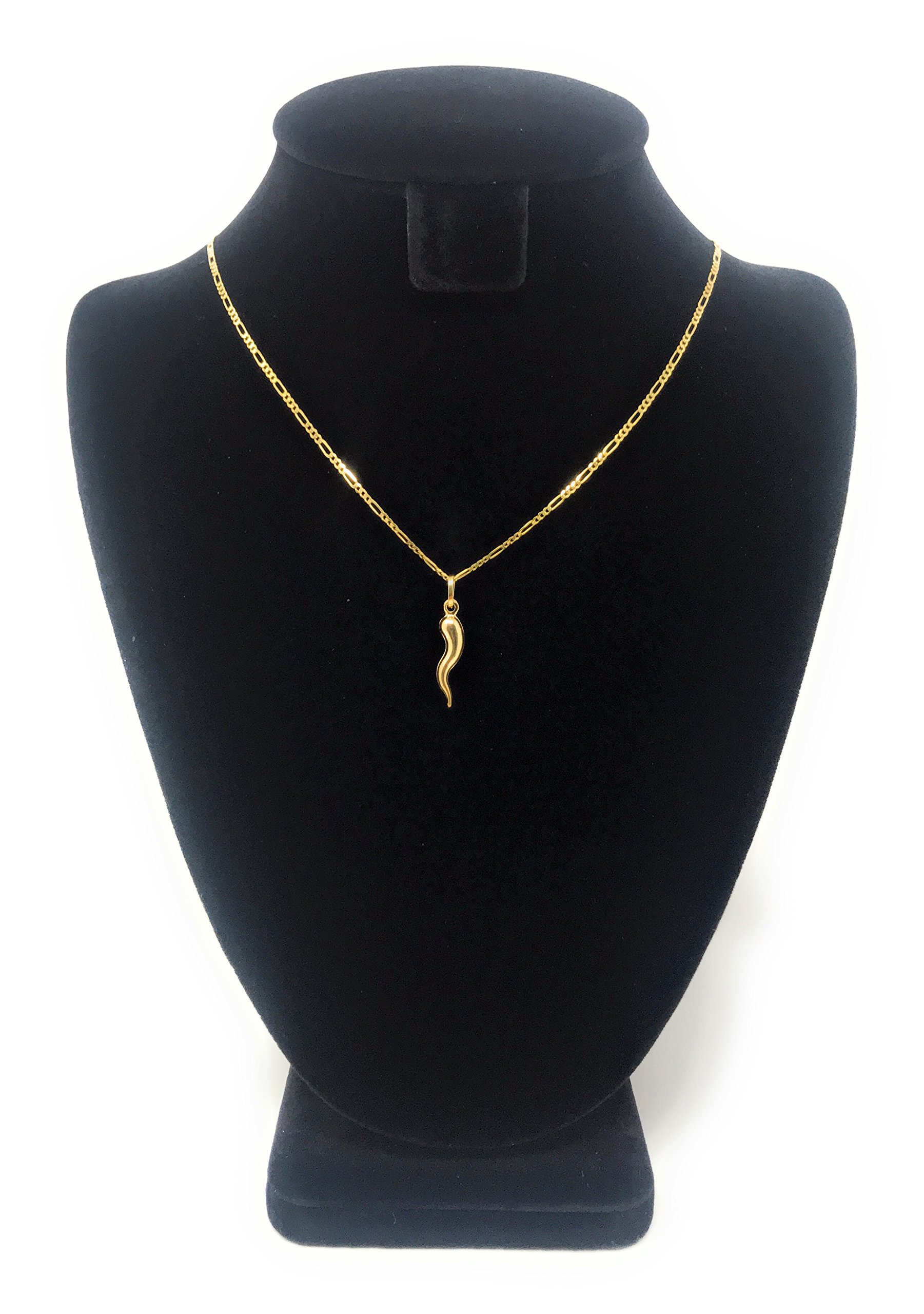 14K Yellow Gold Cornicello Italian Horn Necklace Good Luck Charm Pendant with 1.9mm Figaro 3+1 Chain - 16"