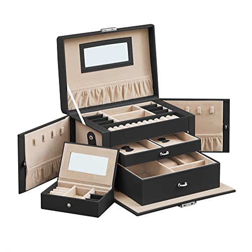SONGMICS Jewelry Box 3 Layers, Jewelry Organizer with 2 Drawers, Jewelry Case with Portable Travel Case, with Handle, Lockable, Jewelry Storage, Gift for Loved ones, Black UJBC121B