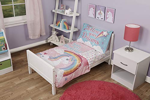 Baby Boom Funhouse Unicorn Love 4 Piece Toddler Bedding Set β Includes Comforter, Sheet Set β Fitted + Top Sheet + Reversible Pillowcase for Girls Bed, Pink