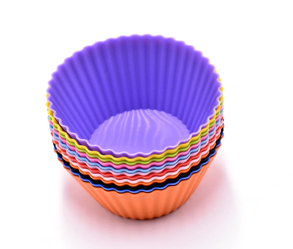 12PCS Silicone Mini Reusable Muffin Baking Cup Small Cupcake Holders Random Color Silicone Cupcake Liners Pastry Dessert Cups Nonstick Liner Molds for Making Muffin Chocolate Bread(Round)