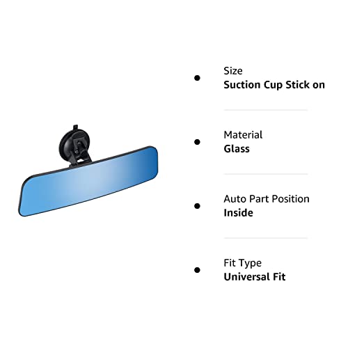 12'' Large Anti Glare Rear View Mirror with Suction Cup, Stick on Universal Frameless Inside Rearview Blue Mirror with Panoramic Wide Angle Mounted on Windshield for Car Marine Auto Boat Truck SUV Van