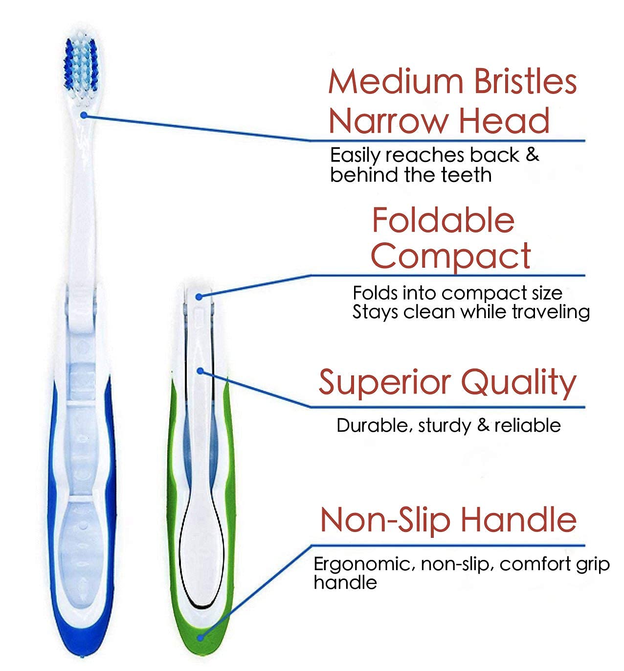 Azi 2pc Premium TSA Approved Travel Toothbrush On The Go Folding Medium Bristles & Tongue Cleaner/Gum Massager Travel Camping Handbag Backpack Car RV Dorm Gym School Locker
