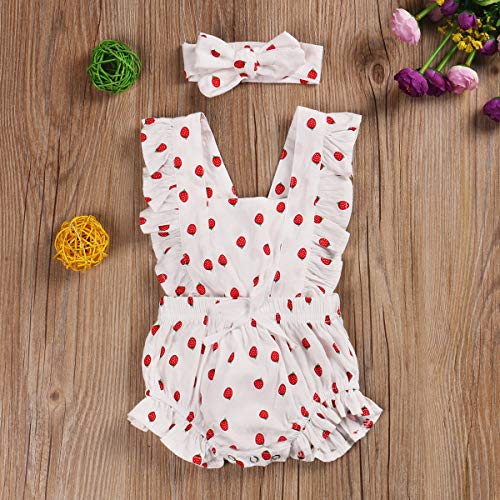 ClickMeForMoreProducts Newborn Baby Girl Strawberry Romper Ruffle Sleeve Bubble Romper Bodysuit with Headband Infant Summer Clothes (12-18months,red strawberry)