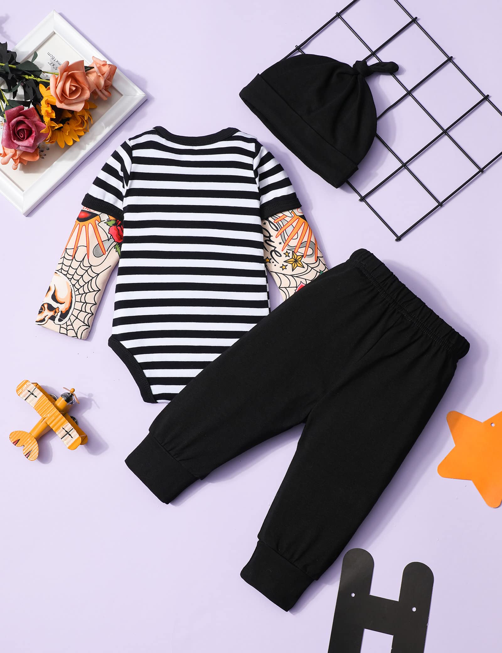 Baby Boy Clothes 0-3 Months Fake Tattoo Sleeve Just Did 9 Months On The Inside Funny Baby Romper Rockabilly Bodysuits +Little Man Hat + Skull Pant 3PCS Outfits Set