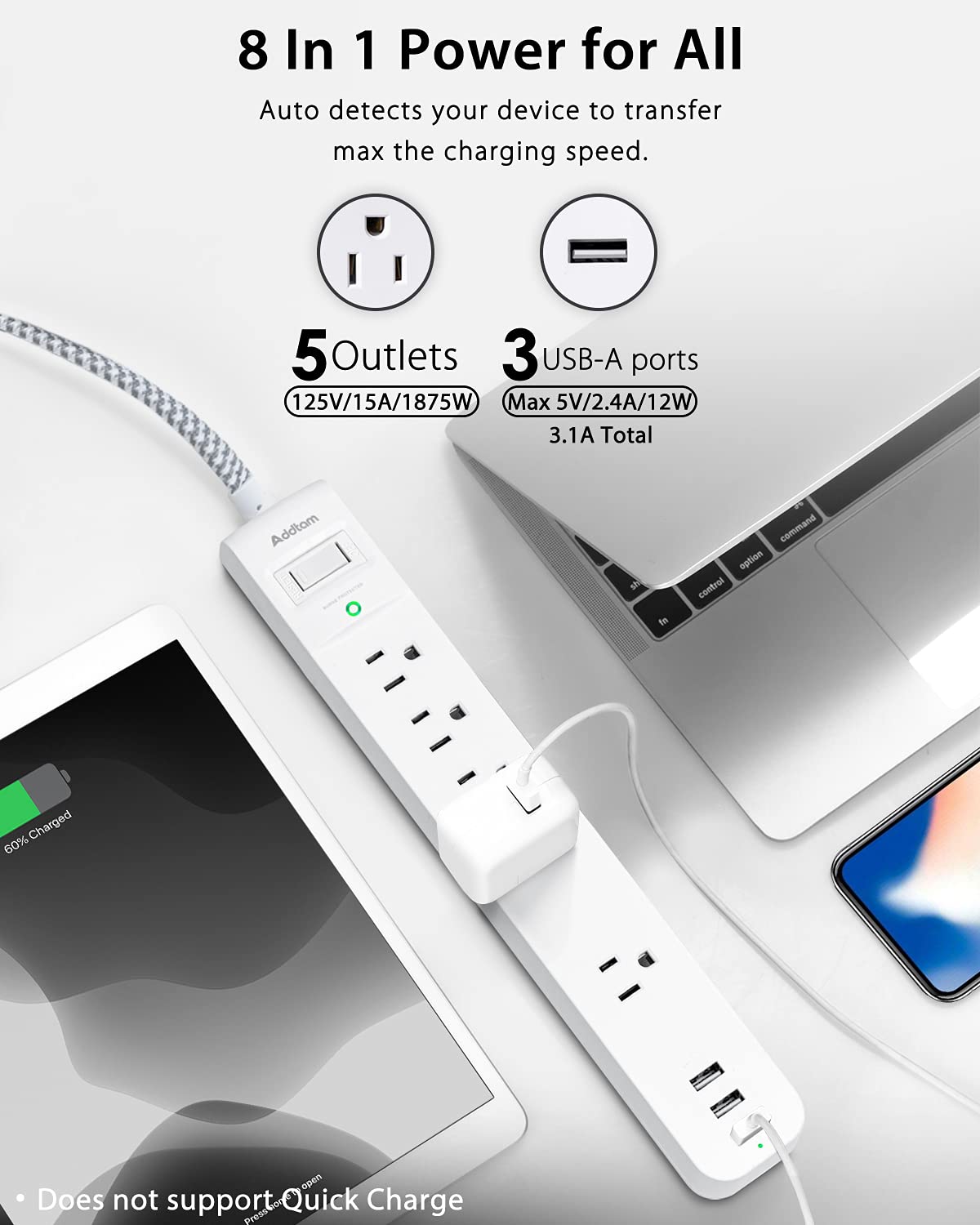 2 Pack Power Strip Surge Protector and Extension Cord with 3 USB Ports 3 Widely Spaced Outlets