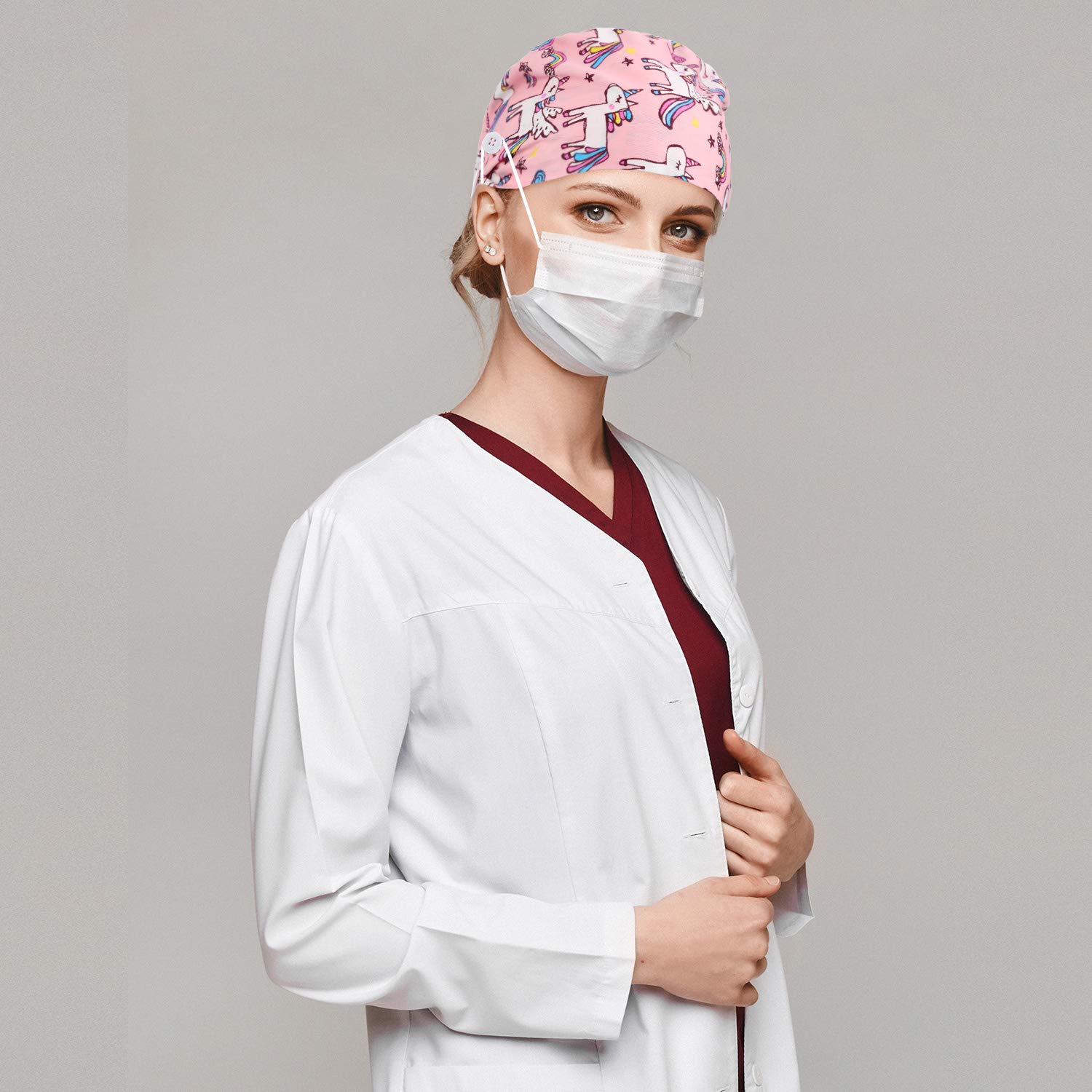 12 Pieces Bouffant Caps with Buttons Adjustable Sweatband Head Hair Covers Unisex Tie Back Hats (Assorted Cartoon and Floral Patterns)