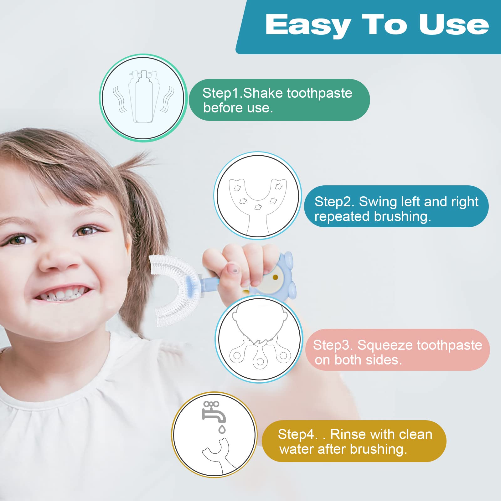 2PCS Kids U- Shaped Toothbrushes with 2PCS Replace Food Grade Soft Silicone Brush Head and Non-Slip Handle, 360° Oral Teeth Cleaning Design for Toddlers and Children 2-12 Years Tooth Brush(Style-3)