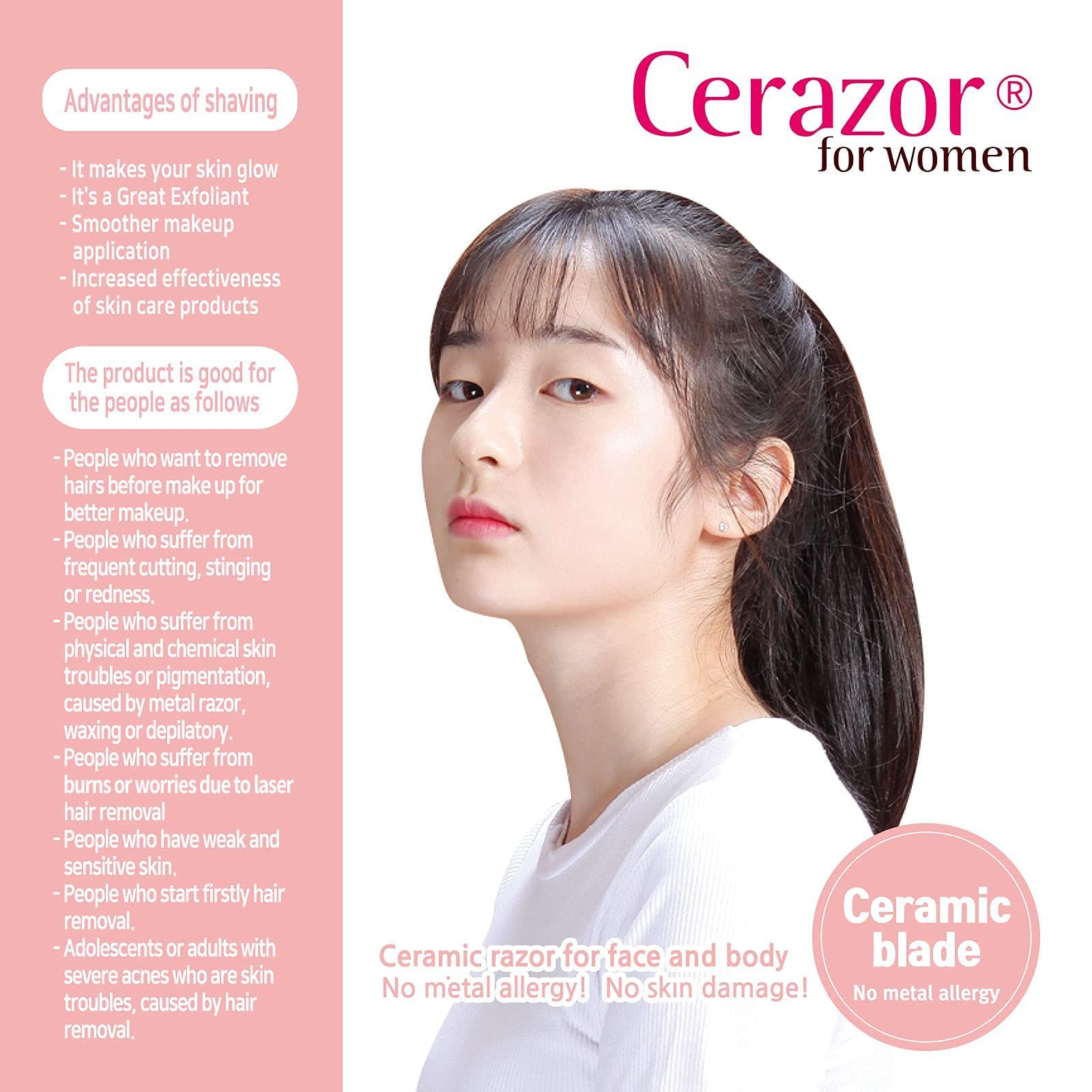 Cerazor, Sky Blue, Ceramic Razor for Women, Non-Metallic Ceramic Razor Blade, No Metal Allergy, No Skin Damages, Shaver.