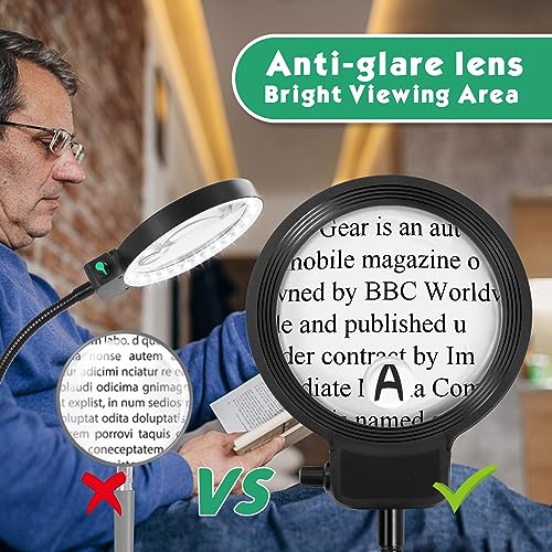 10X 5X Floor Magnifying Glass with Light and Stand,36 LED Flexible Gooseneck Magnifying Lamp, Adjustable Brightness Large Lighted Magnifiers for Reading,Sewing,Crafts,Painting,DIY,Close Work,Repair