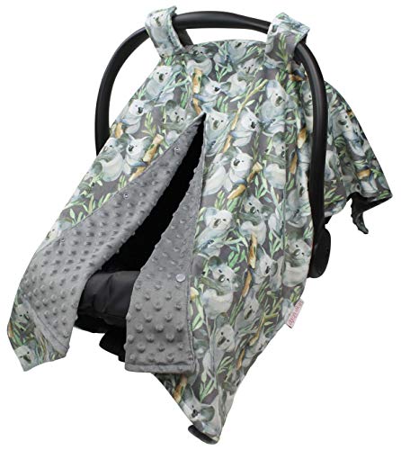 Baby Car Seat Canopy Cover - Bamboo Koala Bears with Grey Minky Dot