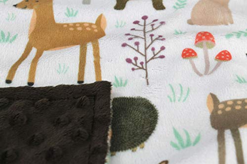 Baby Car Seat Canopy Cover - Forest Animals Bear Deer Fox Owl Rabbit with Dark Brown Minky Dot