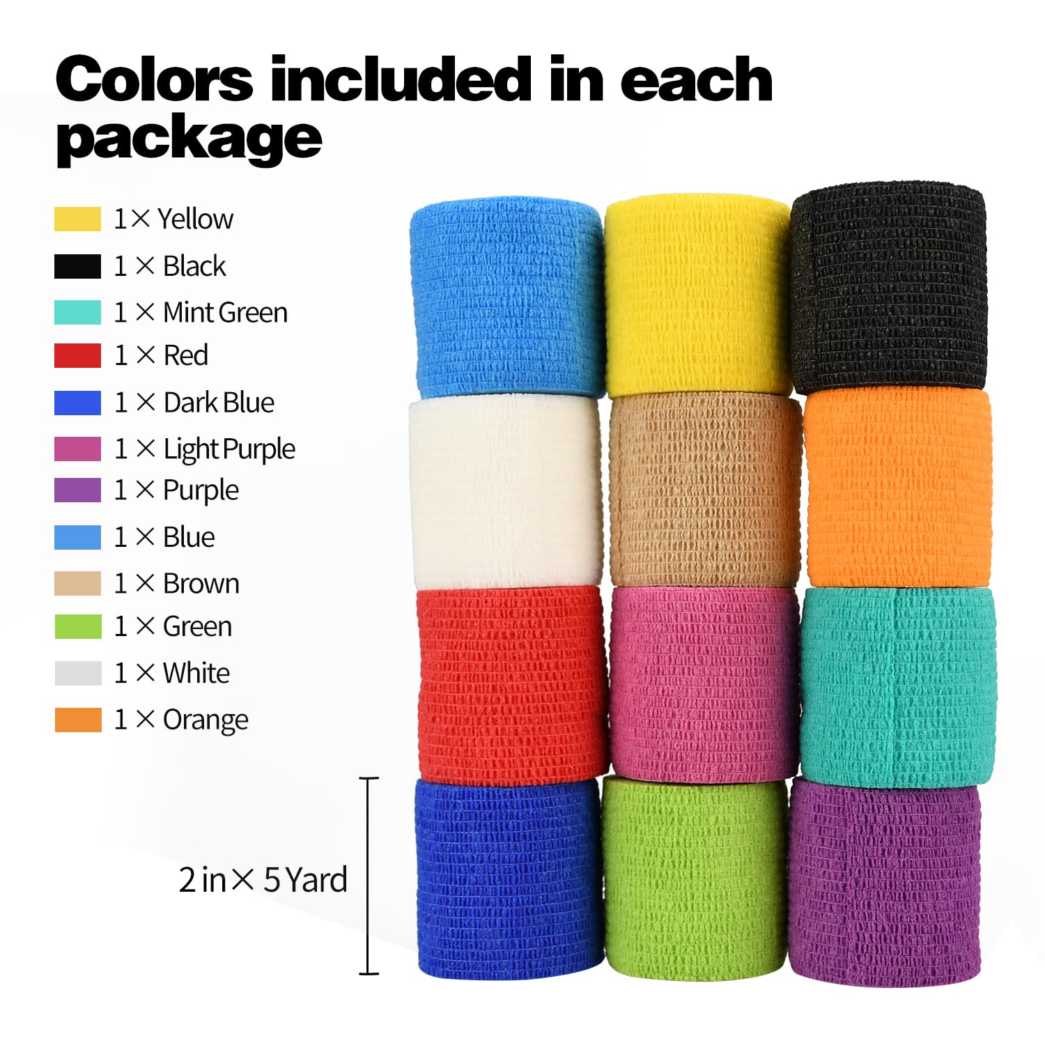 12/24/48/72pcs Self Adhesive Bandage Wraps, 2in 5 Yards, Multicolor (2 Inch, 12 Pack Multicolor)