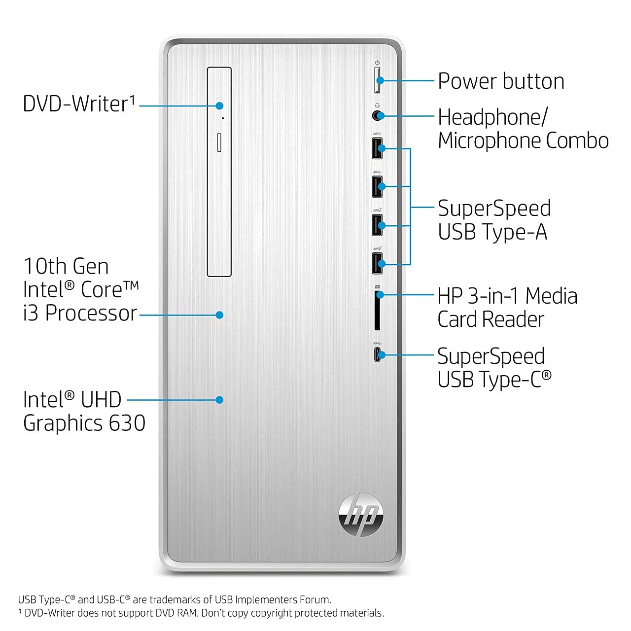 HP Pavilion Desktop 1TB HDD 16GB Optane, 3.6GHz i3-10100 Quad-Core (4GB RAM, DVD-R, Intel UHD Graphics 630, Windows 10 Home) Silver, TP01-1227c (9EF10AA) (Renewed)