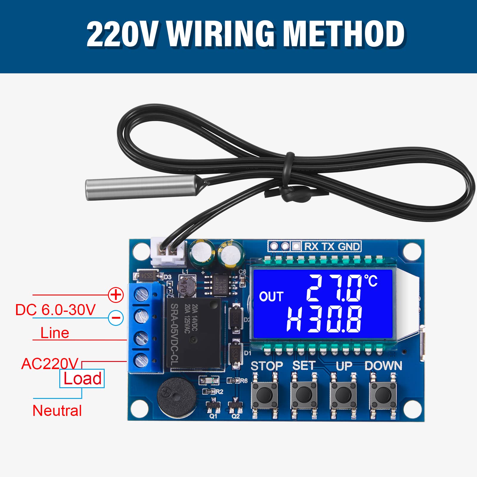 2 Pieces XY-T01 Electronic Temperature Controller, DC 6 - 30V 24V Digital Temperature Control Module -50°C to 100°C Digital Thermostat Temperature Control Switch Boards with Waterproof NTC Probe