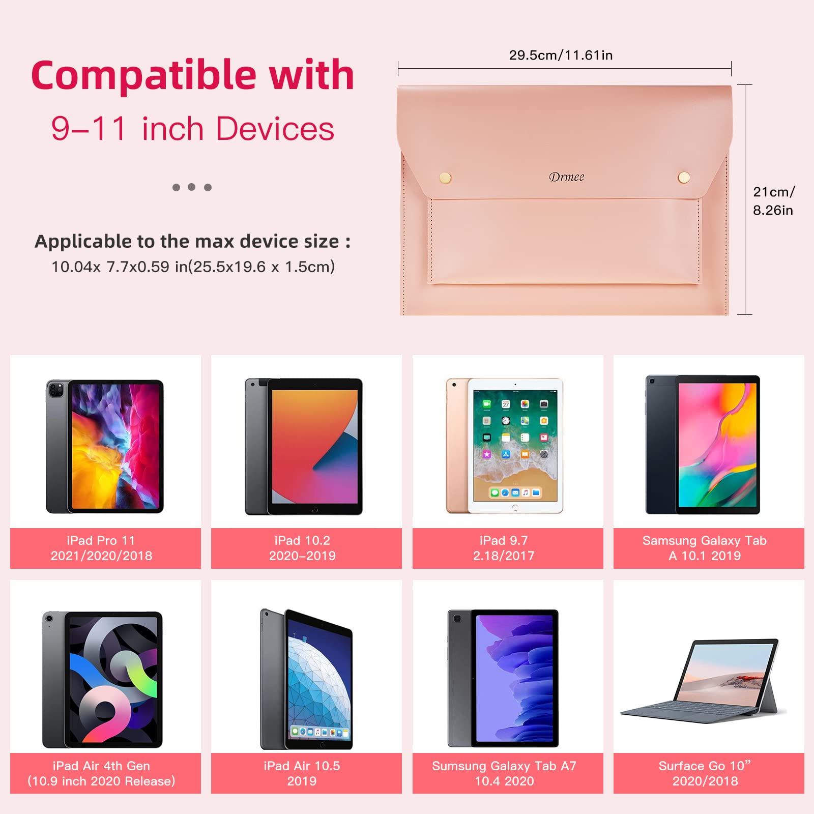 Devmlicor Leather Tablet Sleeve Case for 11 inch New iPad Pro / 10.9 inch New IPad Air 4/10.2/10.5/9.7 in New IPad, Samsung Galaxy Tab 10.1 Protective Bag, Fit Apple Smart Keyboard,Pink, 9-11 Inch