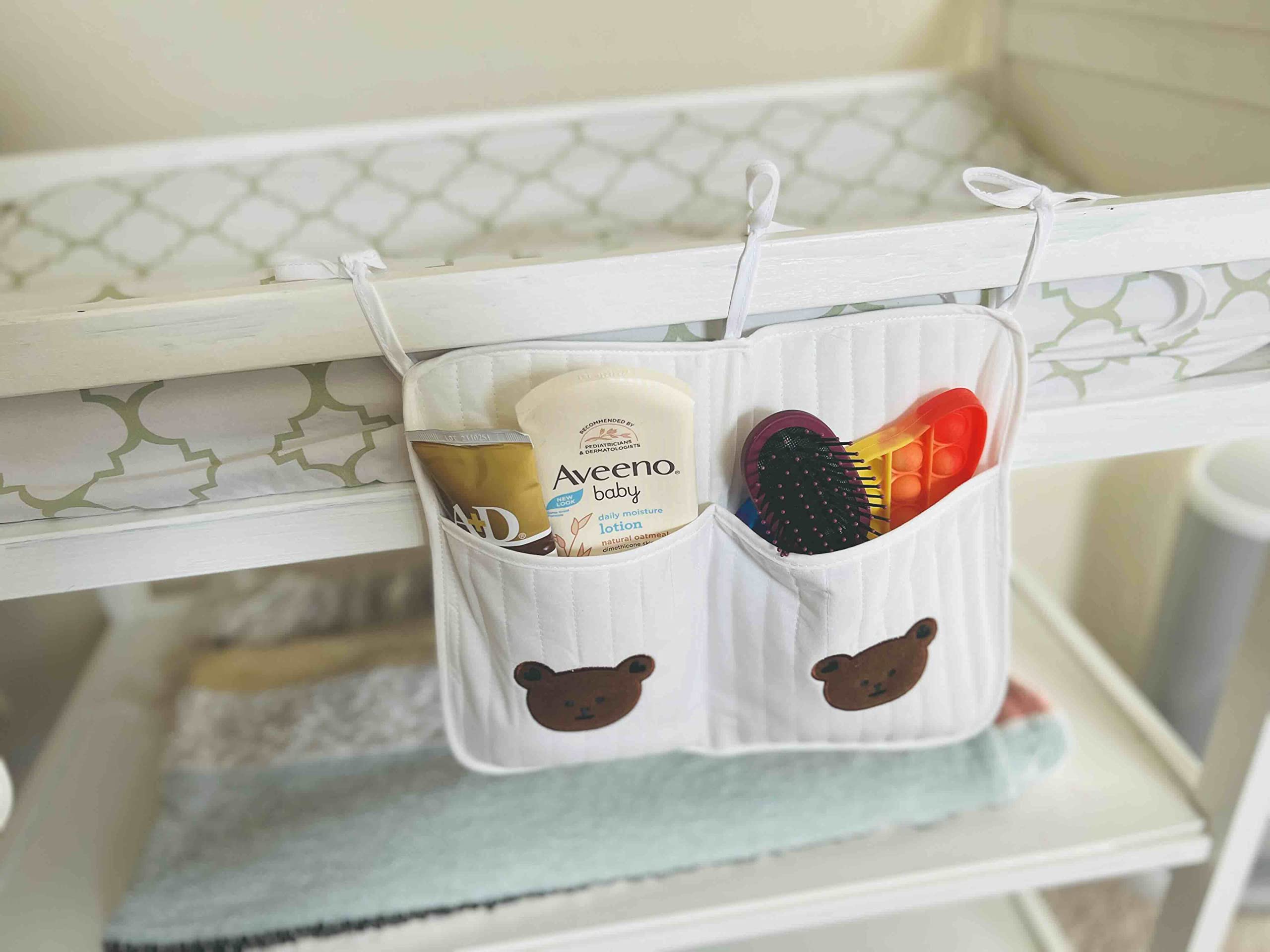 2 Pieces Nursery Hanging Organizer For Crib and Changing Table-Double Pocket Hanging Bag-Hanging toy storage-Cotton and Machine washable (Olive)