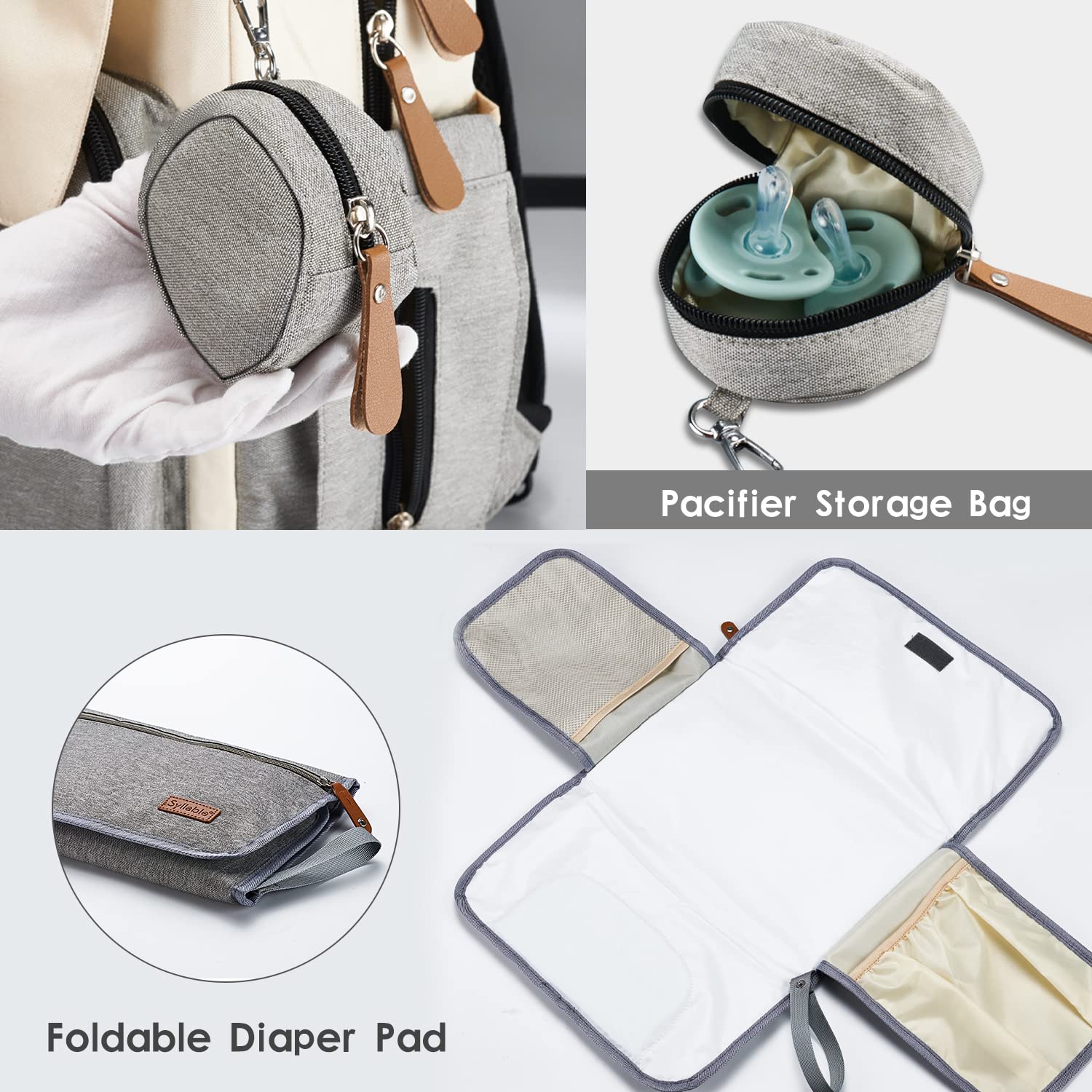 Diaper Bag Backpack with Portable Changing Pad, Pacifier Case and Stroller Straps White