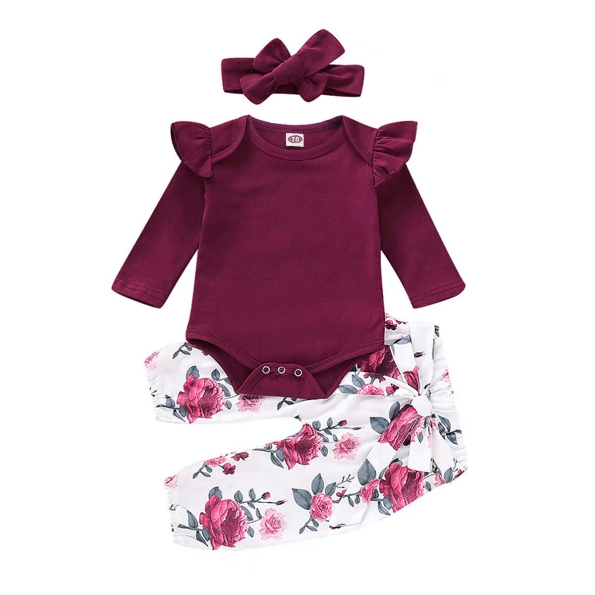 CETEPY Baby Girl Clothes Newborn Outfits Infant 3Pcs Tops + Pants + Headband or Hats Wine red flower 0-3 Months 70cm