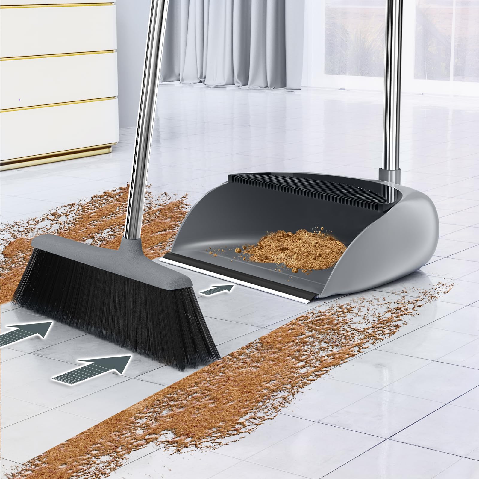 2 sets of Duhao Broom and Dustpan Sets for Home,Long Handle Broom with Upright Standing Dustpan,Broom and Dustpan Combo for Home Room Kitchen Office Lobby