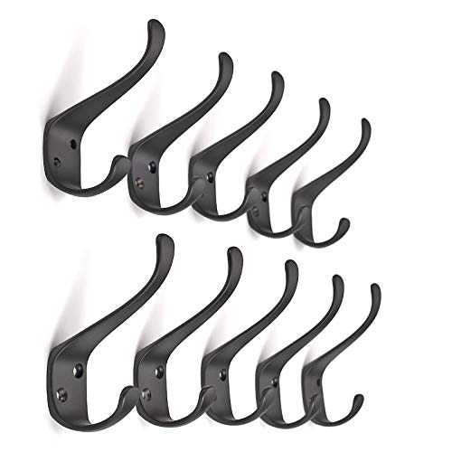Ambipolar 10-Pack Elegant Coat Hooks Wall Mounted, Decorative Heavy Duty Double Matt Black Wall Hooks for Hanging, Coat Hooks, Purse Rack, Hat Hooks with Screws