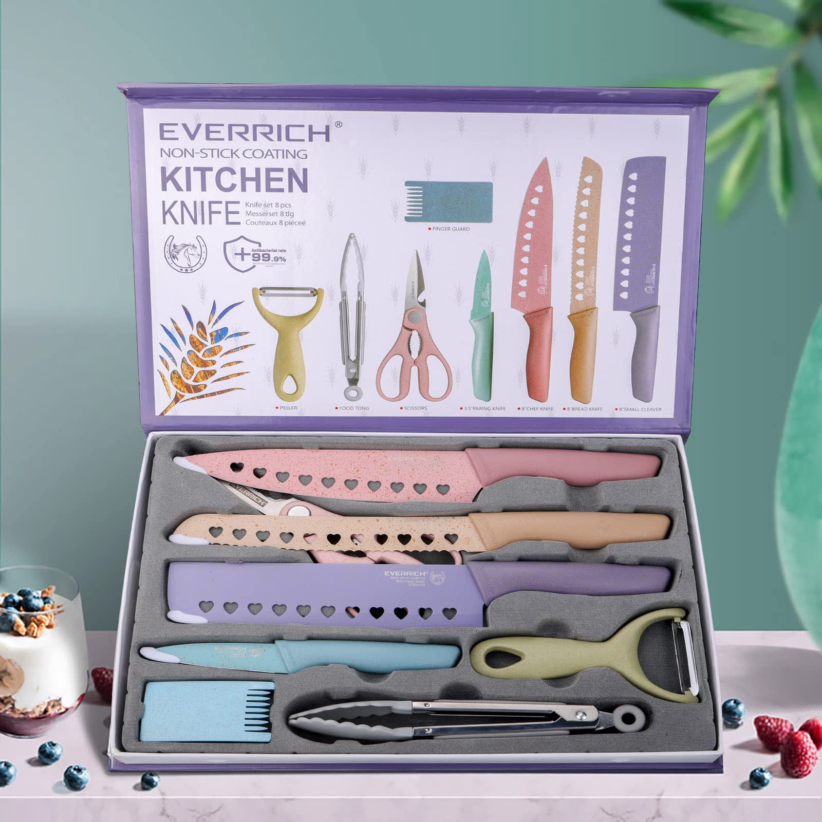 Cloverpeia 8 PCS Knife Set, Professional Chef's Colorful Kitchen Knife Set, Newest Heart-shaped Hollow Non-Stick Multifunctional Knives Set