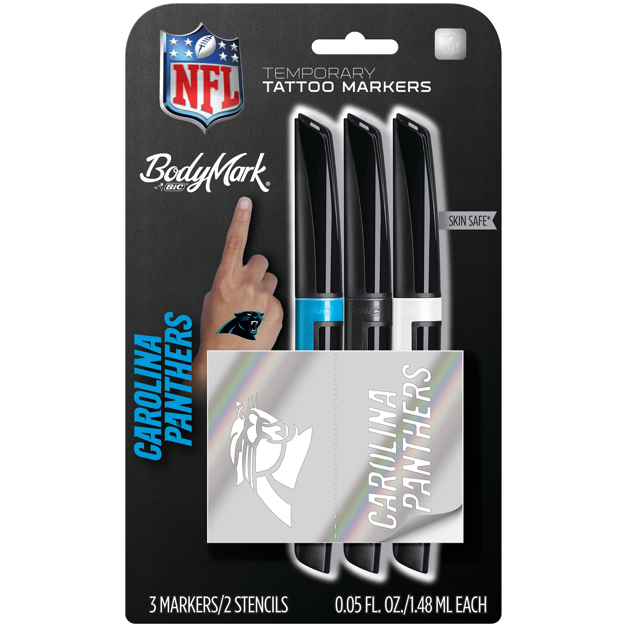 BODYMARK BIC, Temporary Tattoo Marker, NFL Series, Carolina Panthers, Skin Safe, Brush Tip, Assorted Colors, 3-Pack with Stencils