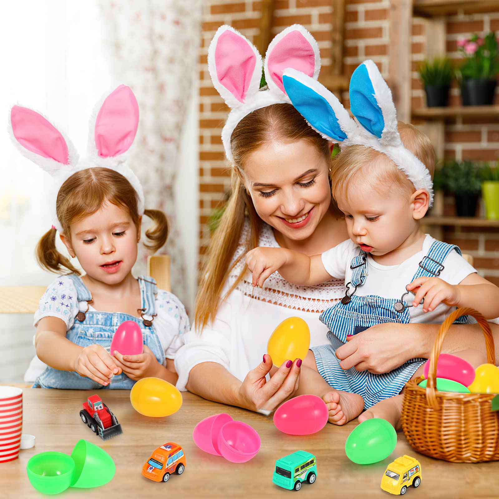 Aitsite 16 Pack Fillable Plastic Easter Egg with Pull-Back Construction Vehicles for Easter Theme Party, Favor Easter Eggs Hunt, Basket Stuffers Fillers, Classroom Prize, Birthdays Gifts