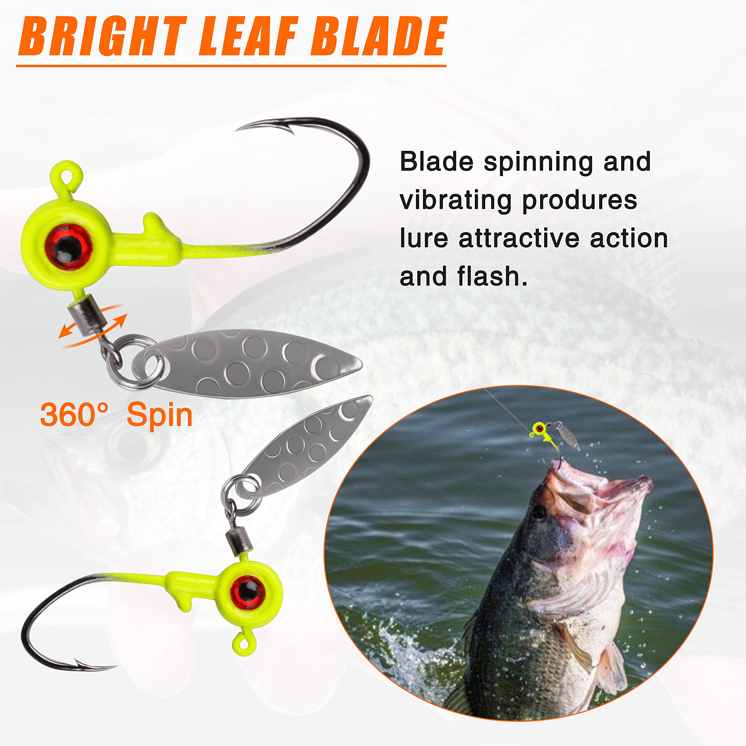 10Piece Fishing Jig Head with Willow Blade 3D Eyes Fishing Jigs Spoon Weighted Head Spin Jig Hook Lure Kit for Panfish Crappie