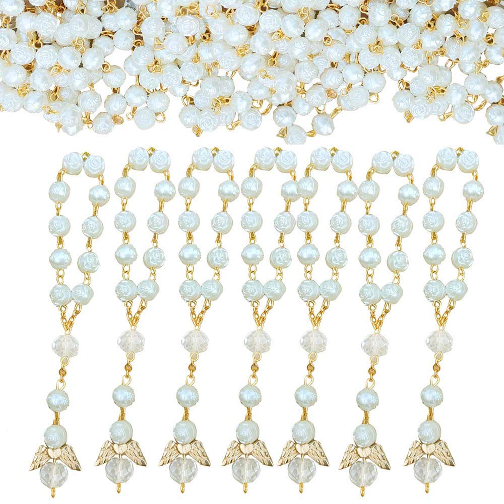 Awtilife 30 Pc San Joaquin Creations Ivory Color and 30 Organza Gift Bags Baptism Favors with Angels Mini Rosaries Gold Plated for Christening Favors Baby Shower
