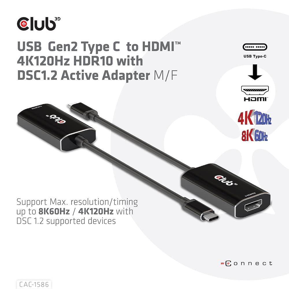 Club 3D USB Type-C to HDMI 4K 120Hz HDR10 with DSC 1.2 Active Adapter M/F CAC-1586