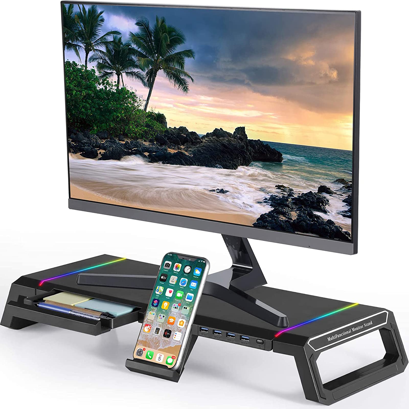 AWYLL Monitor Stand Riser, Foldable Monitor Stand with Drawer Storage, RGB Computer Desktop Organizer Stand 4USB 3.0 Hub for Up to 27 Inch Computer Screens, iMac, Laptop, Printer