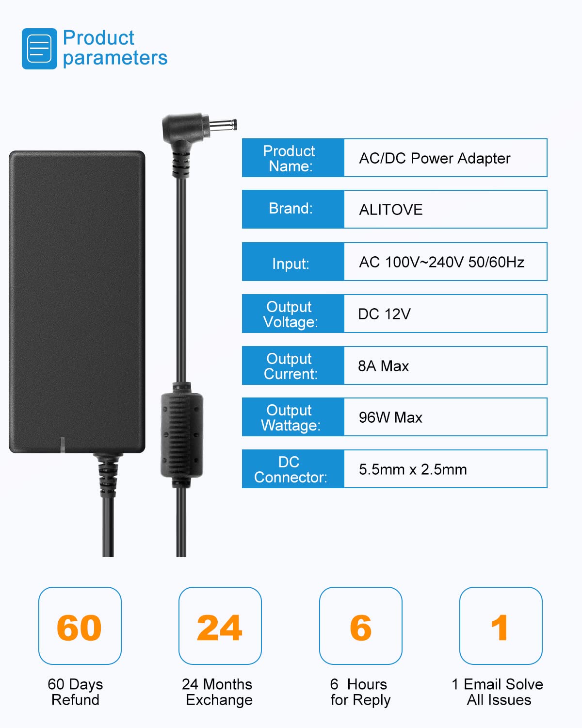 ALITOVE 12V 8A 96W Power Supply Adapter AC to DC Converter AC 100V ~ 240V to DC 12V 8amp Transformer LED Driver with 5.5x2.5mm DC Jack for 5050 3528 LED Strip Module Light, CCTV