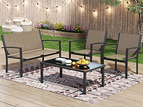 Greesum 4 Pieces Patio Furniture Set, Outdoor Conversation Sets for Patio, Lawn, Garden, Poolside with A Glass Coffee Table, Brown