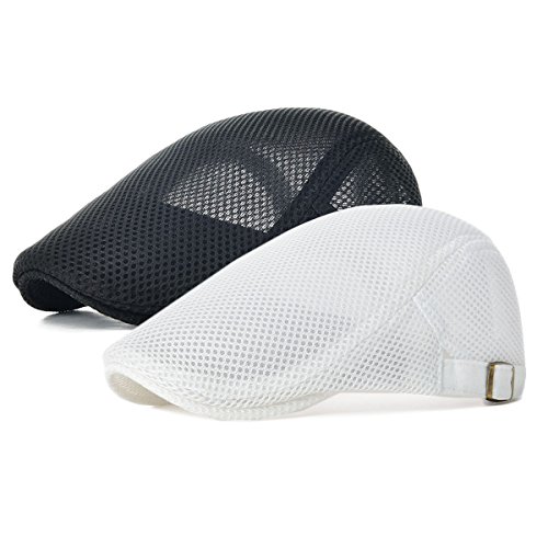 2 Pack Men's Mesh Cap Breathable Summer Newsboy Hat Adjustable Duckbill Ivy Gatsby Cabbie Driving Hat (Black/White)