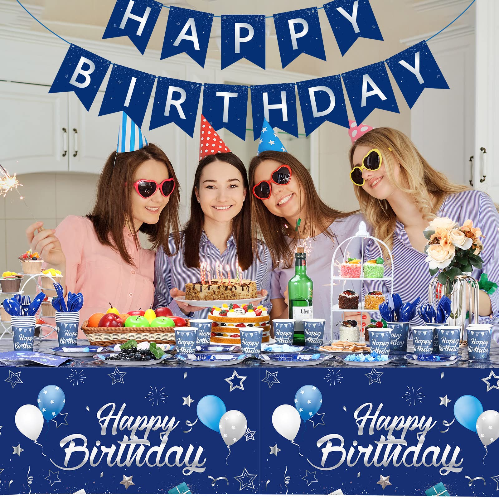 171 Pieces Happy Birthday Party Tableware Set Birthday Decoration Birthday Banner and Tablecloths Plates Cups Napkins Party Dinnerware for 24 Guests Party Supplies (Blue and Silver)
