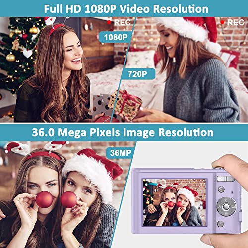 Digital Camera, FHD 1080P 36MP Video Camera Rechargeable Kids Camera with 16X Digital Zoom & 2 Batteries, Compact Point and Shoot Portable Small Camera for Teens Students