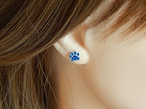 925 Sterling Silver Sapphire Blue Crystal Paw Print Stud Earrings 18872 (Nickel Free)