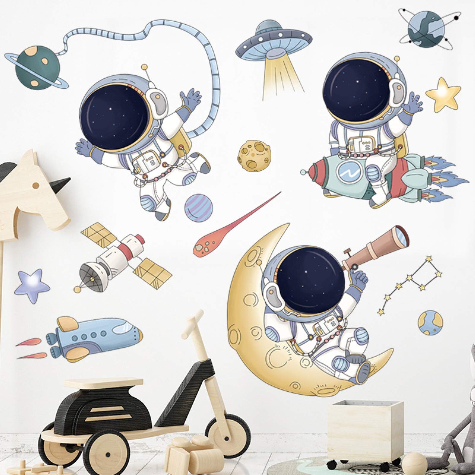 Astronaut Wall Decals Cartoon Spacecraft Outer Space Wall Stickers Removable Peel and Stick Art Murals for Kids Room Nursery Classroom Bedroom Living Room Home Decoration (Astronaut)