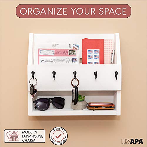 Ilyapa Key and Mail Holder for Wall - Mail Organizer Wall Mount with Shelf - Rustic White Wooden Decorative Wall Key Holder with 5 Metal Hooks | American Family-Owned Business