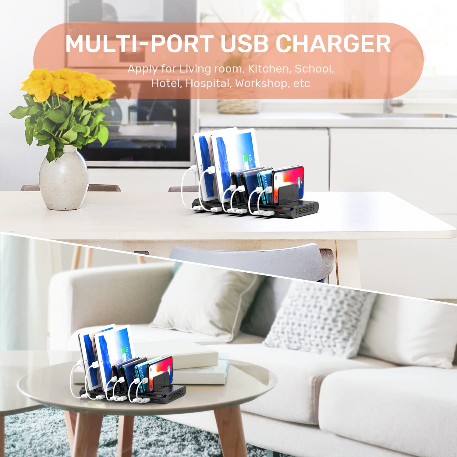 Alxum 10 Port USB Charging Station, 60W Mobile Charging Station with Multi-Port USB Fast Charger Stand for Mobile Phone, Tablet and More,Black