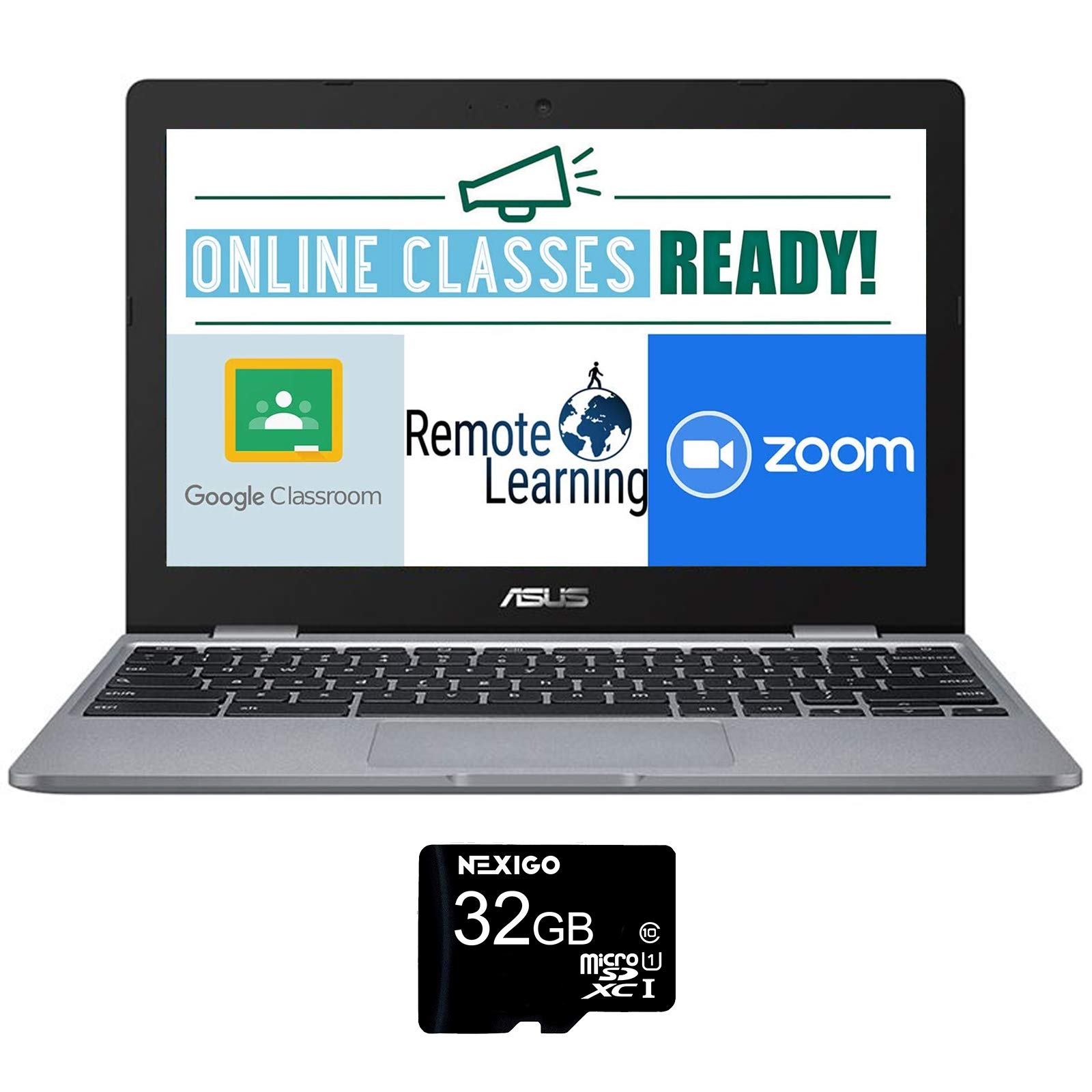 ASUS 2022 Premium Chromebook 11.6 Inch Laptop with Webcam| Intel Celeron N3350 up to 2.4 GHz| 4GB RAM| 16GB eMMC| Bluetooth| WiFi| Chrome OS + NexiGo 32GB MicroSD Card Bundle