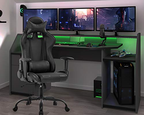 Gaming Chair Racing Office Chair Massage Swivel Chair High Back PU Leather Executive Rolling Task Adjustable Computer Chair with Lumbar Support Headrest Armrest Desk Chair for Adults (Black)
