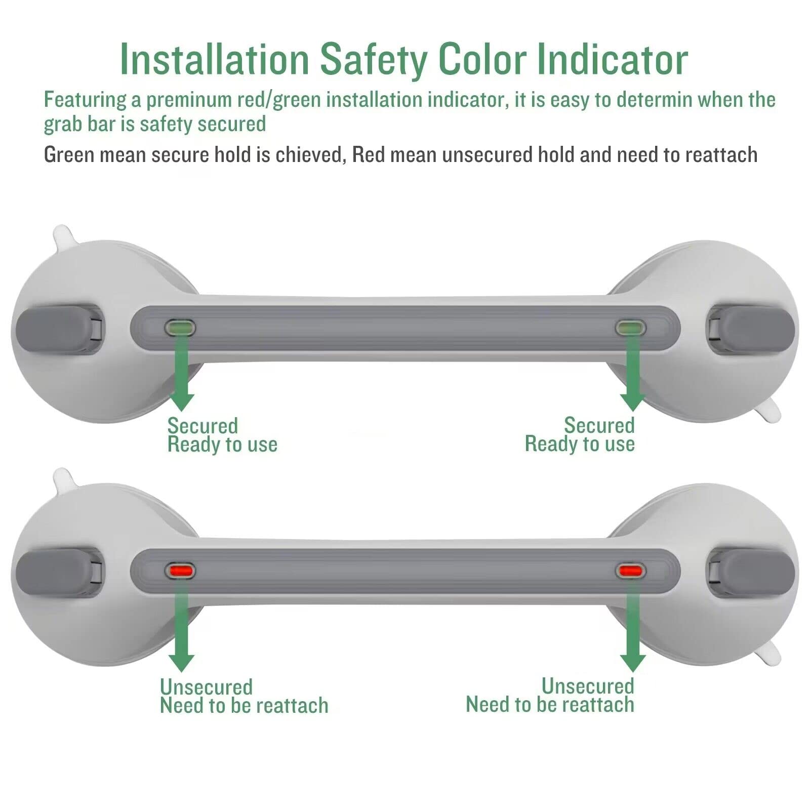 16 Inch Long Suction Grab Bar for Bathroom Indicator Light, Suction Shower Balance Assist Bar Support Rail Helping Handle for Tub Elderly Seniors Handicap Strong Suction Bathtub Grips Non Slip Sticker